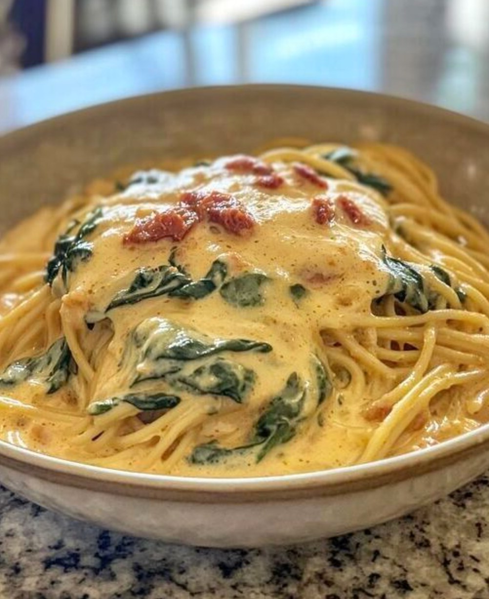 Cremige Spaghetti mit Spinat und Frischkäse - Rezepte Einfache